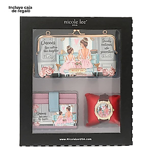 Nicole Lee 3 Pieces Accessories Gift Value Set (Wallet Crossbody, Small Card Case, Diamond Fashion Watch) (Double Queens)