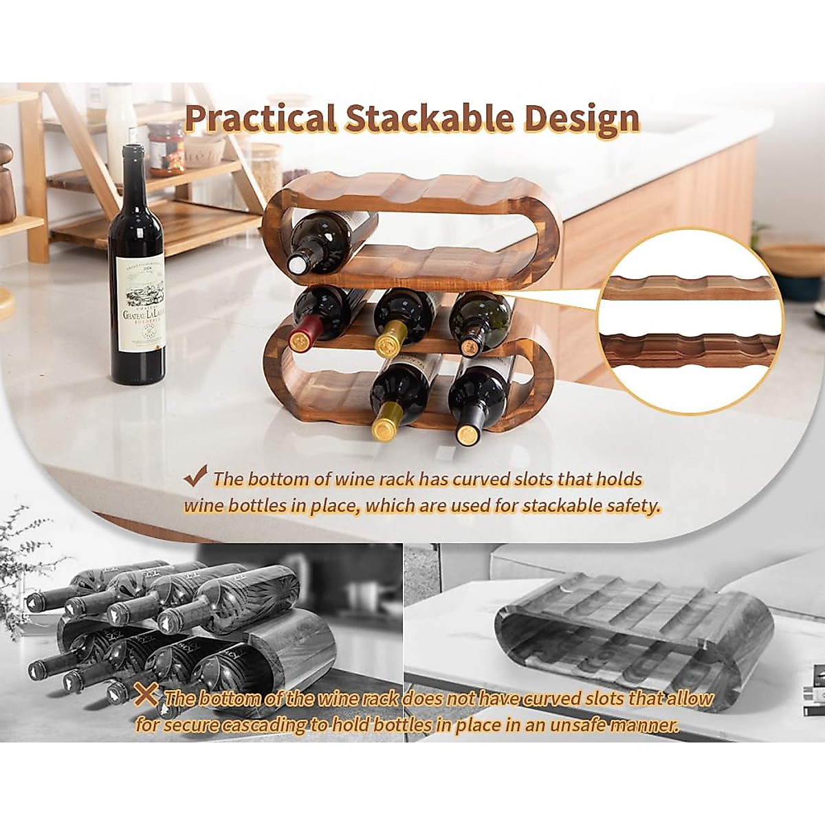 6-Bottles Wine Racks Countertop, 2-Tier 6-Slot Stackable Rustic Wooden Wine Cellar Racks, Solid Acacia Wood Wine Holder Storage Stand, Wine Bottles Display Shelf For Kitchen Tabletop Pantry Bars