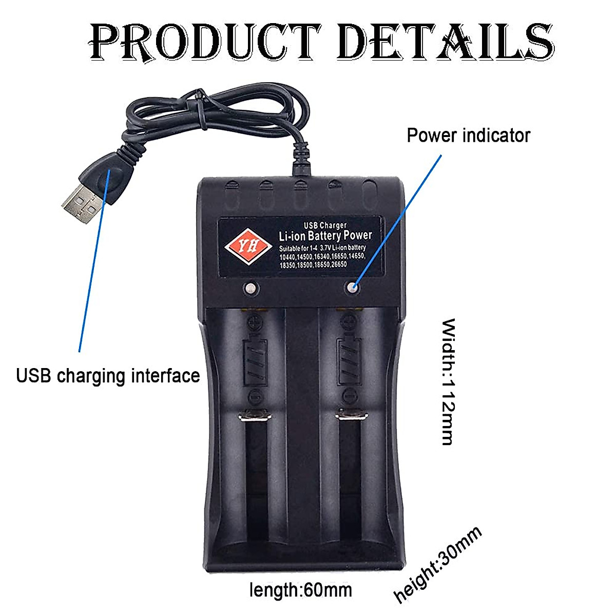 18650 Battery Charger 2 Bay Smart Universal USB Charger for 3.7V Rechargeable Lithium Li ion Batteries Compatible 18650 26650 21700 10400 14500 16340 16650 18500 Battery Charger(No Battery)