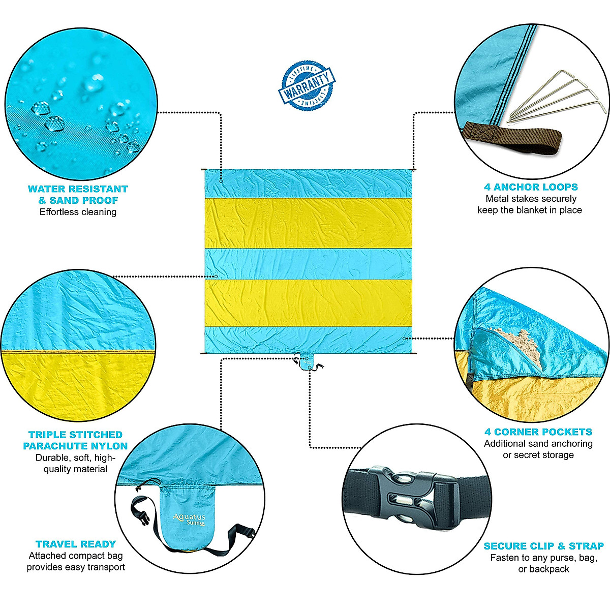 AQUATUS Premium XXL Beach Blanket Sandproof Water Resistant Quick Dry Mat 10ft by 9ft for 1-8 Adults with 4 Metal Stakes, 4 Corner Pockets, Secure Clip and Strap, and Attached Bag
