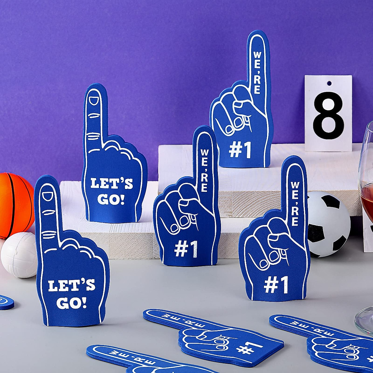 Sinmoe 48 Pieces Sport Party Favors Fan Foam Finger Mini #1 Basketball Baseball Football Soccer Team Cheerleader Gifts for Sporting Events Games Birthday Supplies(Dark Blue)