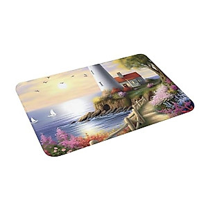Lighthouse Diamond Painting Print Bathroom Rugs Soft Flannel Area Rug Non-Slip Bath Rug Welcome Door Mat Carpet for Living Room Bedroom Outdoor 24 x 16 in