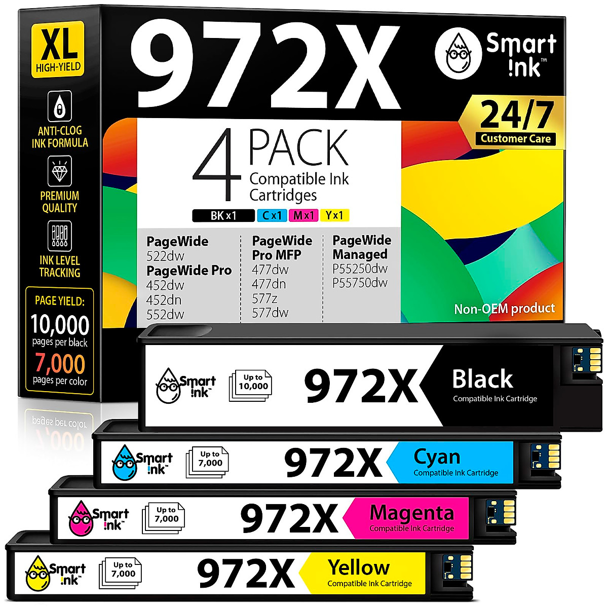 Smart Ink Compatible Ink Cartridge Replacement for HP 972X 972 X (4 Pack Combo) to use with PageWide Pro 477dw 577dw 452dw 477dn 452dn 577z 552dw P55250dw Printers (Black & Cyan Magenta Yellow)