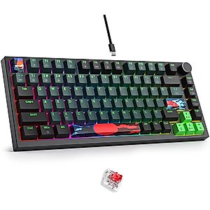 Fogruaden Wired 75% Percent Mechanical Keyboard Hot Swappable, Red Switch, RGB Backlit, 82 Keys TKL Mechanical Keyboard, NKRO Compact Gaming Keyboard, Volume Control Knob (Soundwave)