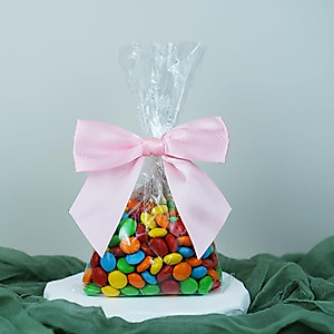 RainbowPana 50 Pack 4.5" Twist Tie Bows, Luxury Baby Pink Satin Ribbon Pretied Bows, Premade Craft Decoration for Package