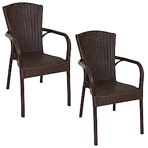 Sunnydaze Segesta All-Weather Plastic Outdoor Dining Chair - Commercial Grade Faux Wicker Design Armchair - Lawn and Garden Chair - Indoor/Outdoor Use - Wenge - 2 Chairs