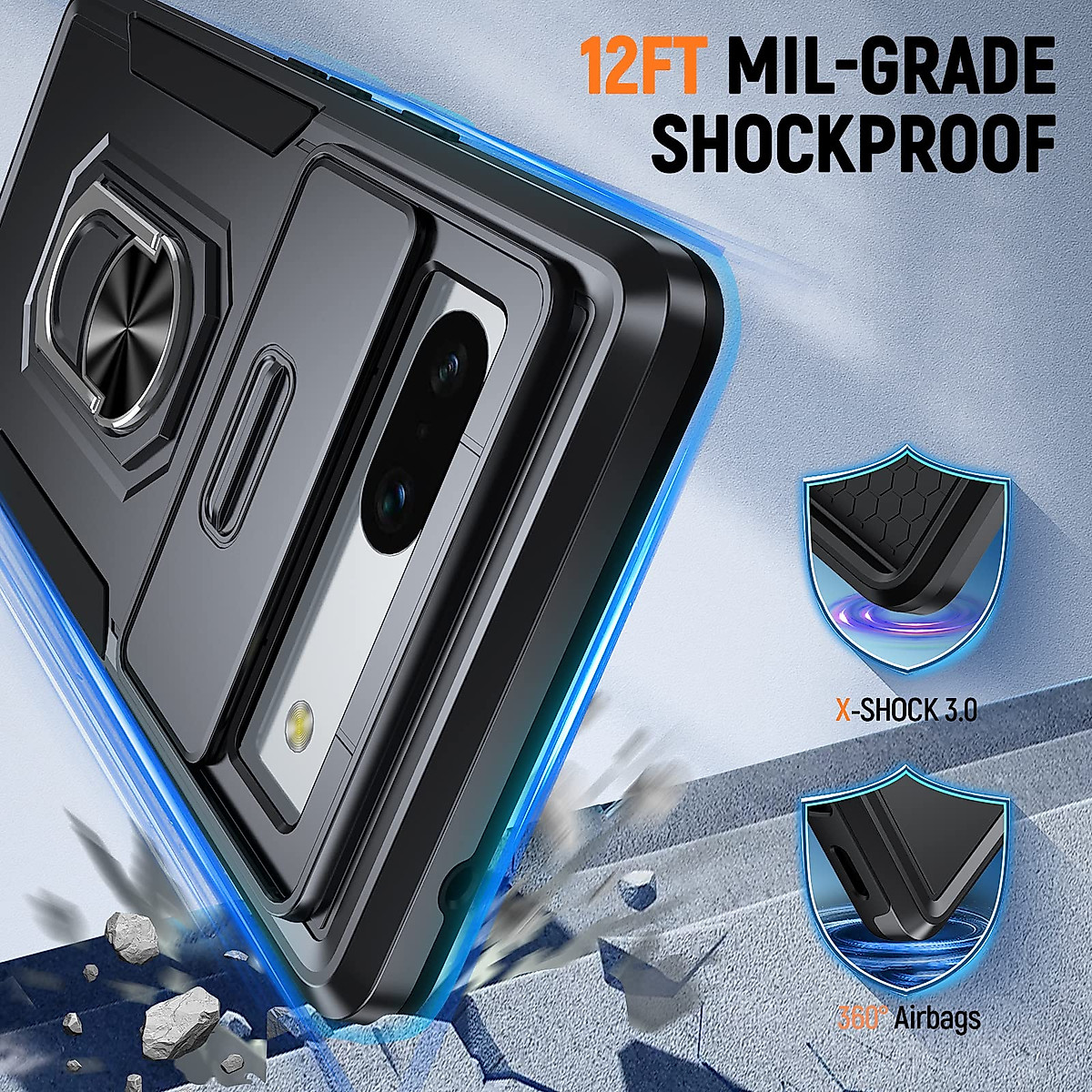 Oneagle for Google Pixel 7a Case with Screen Protector(2Pcs), Pixel 7a Phone Case with [Slide Camera Lens Cover]+[360° Rotatable Metal Kickstand] Military Grade Shockproof Case for Pixel 7A 6.1"