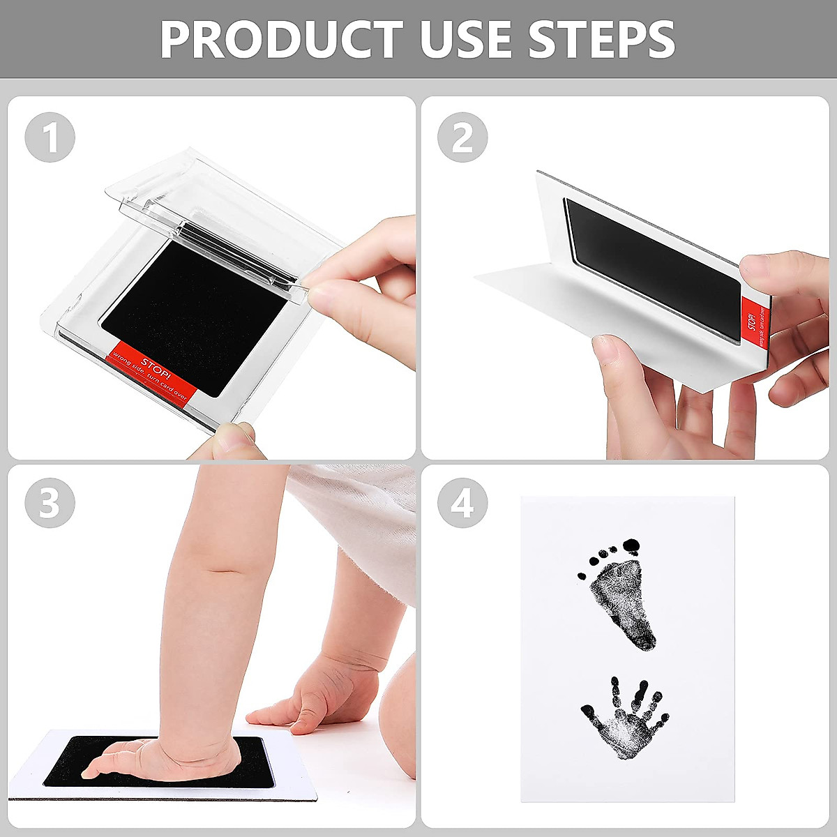 Outus Baby Inkless Handprint and Footprint Kit 6 Safe Hand and Foot Ink Pad Clean Touch Paw Print Stamp and 12 Card for Newborn Registry Family Keepsake Baby Shower Present, Black Color