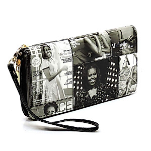 JUNZUP Glossy Magazine Cover Collage Michelle Obama Printed Satchel Bag + Envelope Clutch + Wallet 3pcs Set (Grey/Bk)