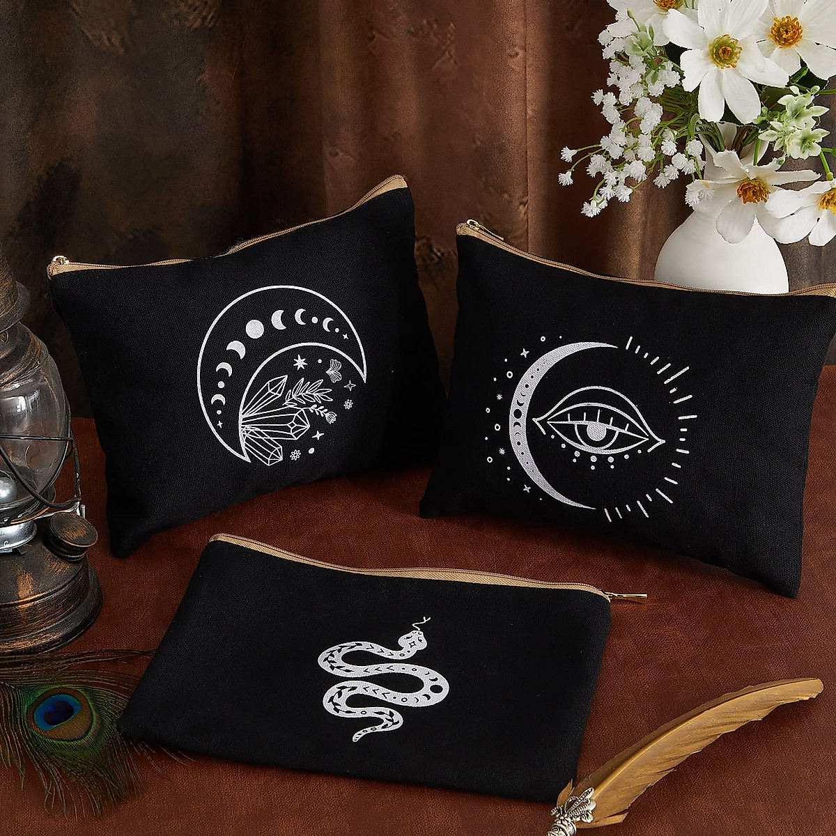 Tessco 9 Pieces Moon Witch Zipper Pouch Bag Tarot Cards Phase Bag Witch Purse Gothic Aesthetic Canvas Makeup Bags Witchy Crystals Toiletry Bags Witchcraft Snake Cosmetic Bags for Women Girls