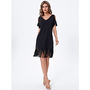 Verdusa Women's Cold Shoulder V Neck Short Sleeve Fringe Hem Short Tunic Dress Solid Black S