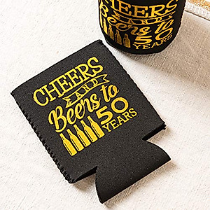 Crisky 50th Birthday Can Cooler, Black Gold Cheers to 50 Years Birthday Decoration Party Favor Can Covers, 12-Ounce Neoprene Coolers for Soda, Can Beverage, 12 Count