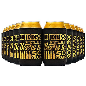 Crisky 50th Birthday Can Cooler, Black Gold Cheers to 50 Years Birthday Decoration Party Favor Can Covers, 12-Ounce Neoprene Coolers for Soda, Can Beverage, 12 Count