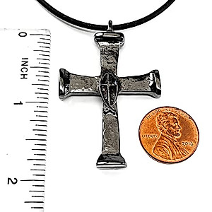 Horse Nails Dark Metal Finish Cross Pendant Black Rubber Cord Necklace