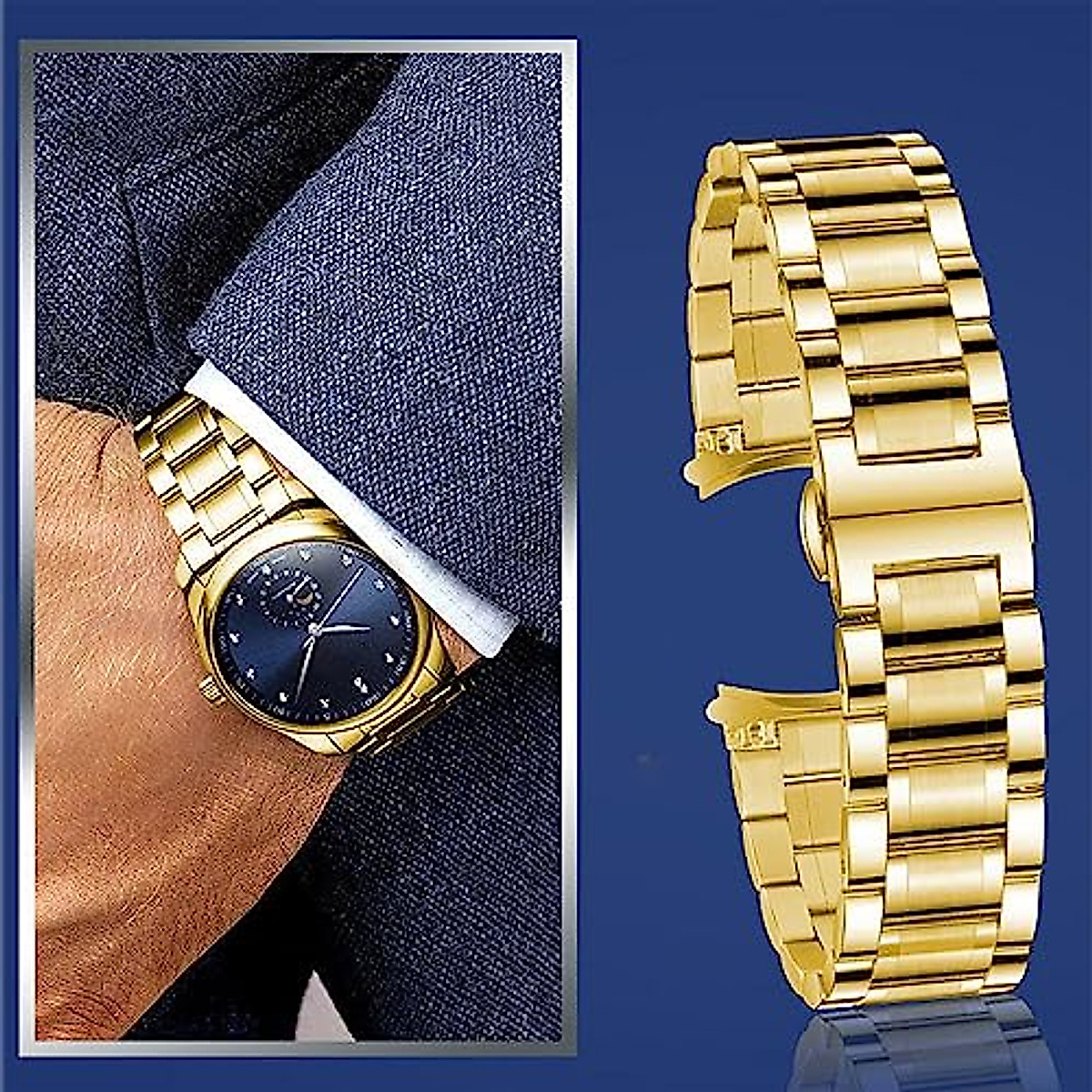 Niziruoup 22mm Stainless Steel Watch Band Universal Metal Watch Strap Smartwatch Replacement Band Men Women fit Most Traditional Watches, Stainless Steel, Gold