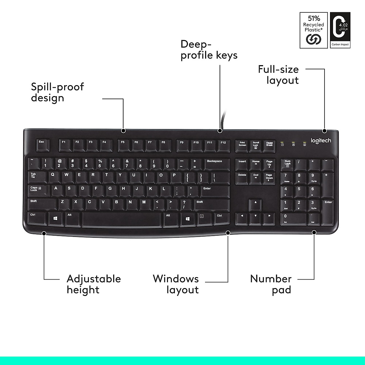 Logitech K120 Wired Keyboard for Windows, Plug and Play, Full-Size, Spill-Resistant, Curved Space Bar, Compatible with PC, Laptop - Black