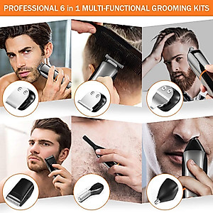 RESUXI Beard Trimmer for Men Hair Clippers Cordless Mustache Nose Trimmer Body Groomer, 6 in 1 Mens Grooming Kit Clippers Hair Cutting Kit, Waterproof USB Rechargeable LCD Display Stand Base