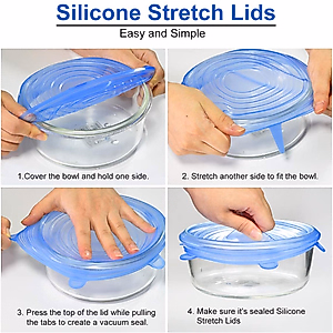 Flexible Silicone Stretch Lids Round Reusable Food Covers for Bowl Cup Dish Silicone Food Wrap Food Grade 6pcs (Blue)