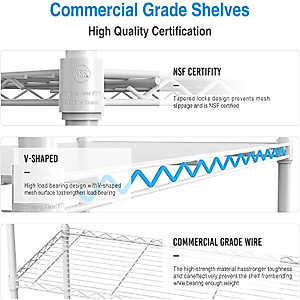 pouseayar Wire Shelving Unit 5 Tier NSF Metal Shelf, 750lbs Capacity Adjustable Storage Rack with Wheels & Shelf Liners for Garage Kitchen Office Bathroom, 60" H x 30" L x 14" D - White Set of 2