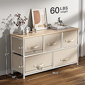 Pipishell Fabric Dresser, Dresser for Bedroom with 5 Drawers, Wide Dresser Storage Tower Organizer Unit with Wood Top and Easy Pull Handle for Closets, Living Room, Nursery Room, Hallway