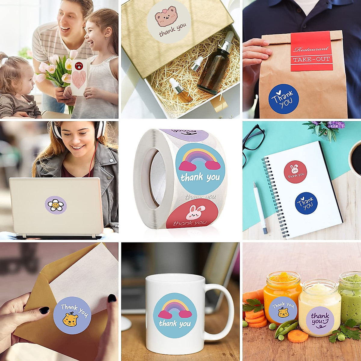 Cute Thank You Stickers Labels Roll 1.5 Inch 8 Designs Round Cartoon Thank You Labels 500Pcs Per Roll for Envelope Seals Stickers Cards Gift Boxes Decoration