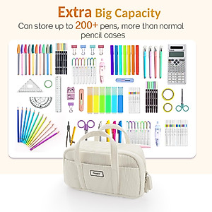 Sooez Large Pencil Case Pouch, Extra Big Pencil Bag with 5 Compartments, Pen Bag Wide Opening, Soft Corduroy Pencil Pouch Organizer with Zipper, Cute Aesthetic School Supplies for Teen Girls-Beige