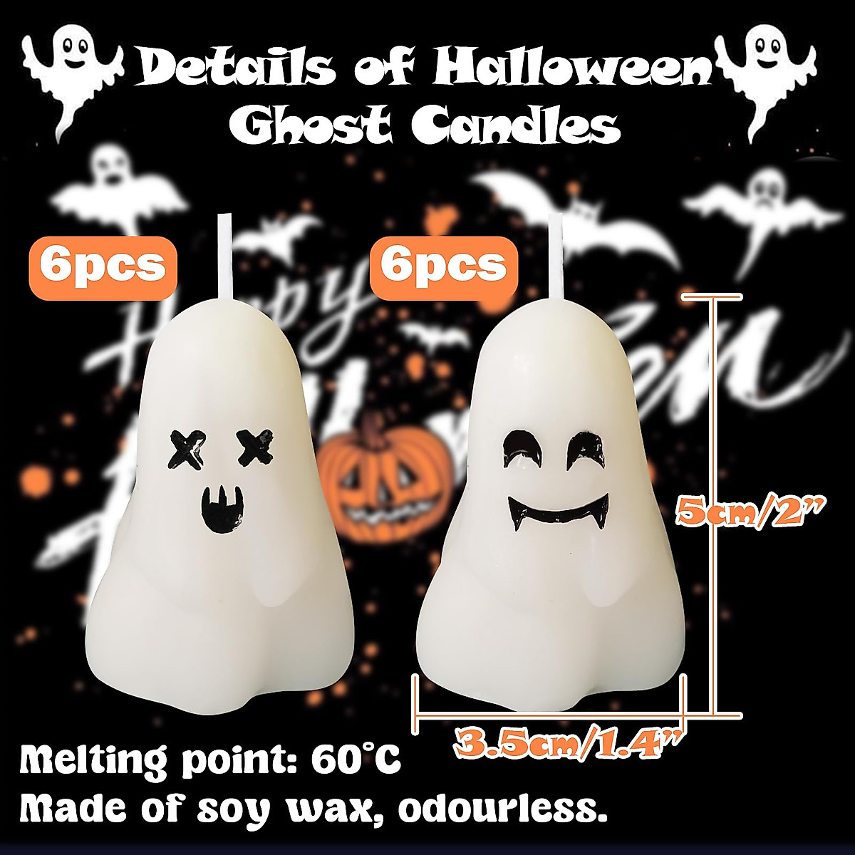 JYNTERPLAY 12 Pcs Ghost Candles Halloween Thanksgiving Decoration Cute Fun Face Spooky Wax Burning Candle Mini Shaped Handmade for Home