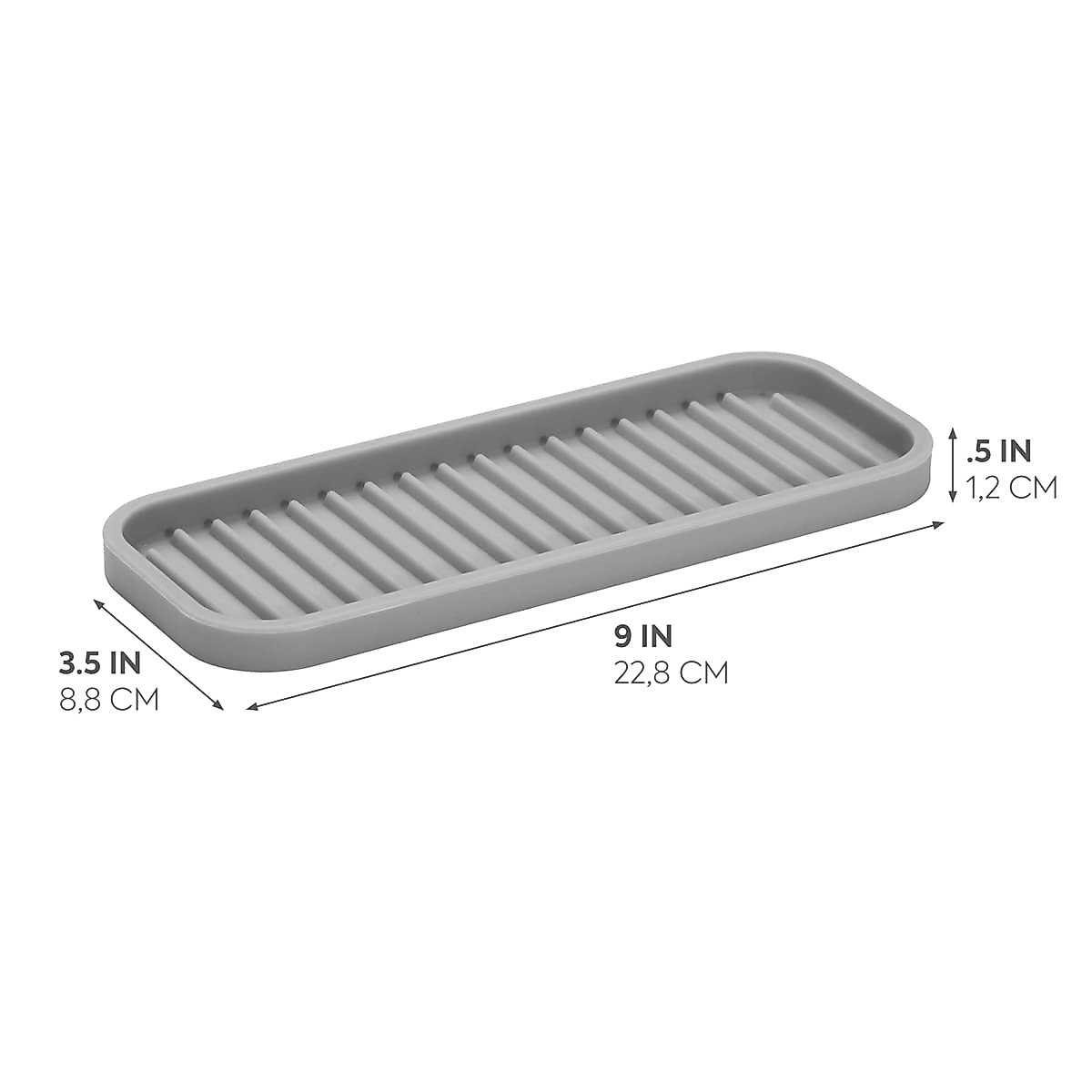 iDesign 63883 Lineo Silicone Kitchen Sink Tray for Sponges, Scrubbers, Soap, Stovetop Spoon Holder, 9" x 3.5" x 0.5", Gray