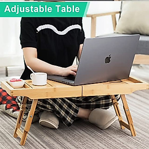 Bamboo Bathtub, Bed, Laptop Tray with Foldable Legs Adjustable Bath Caddy - Wine Glass and iPad Holder - Soap Tray & Bath Pillow Included.