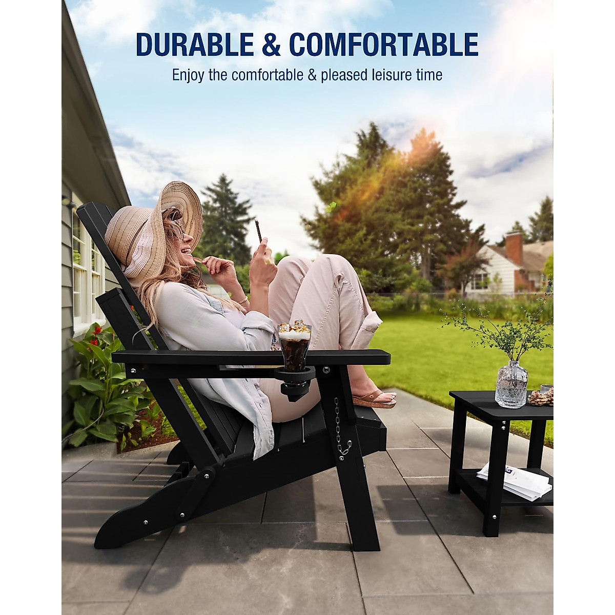 POWERWOOD Folding Adirondack Chair Wood Texture, HDPE Higher Back Plastic Adirondack Chairs with Cup Holder, Weather Resistant Composite Chair for Outdoor, Patio, Lawn, Garden, Fire Pit Chairs (Black)