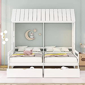 P PURLOVE Double Shared Bed,Twin Size House Platform Beds with Two Drawers for Boy and Girl Shared Beds, House Bed Frame Combination of 2 Side by Side Twin Size Beds,White
