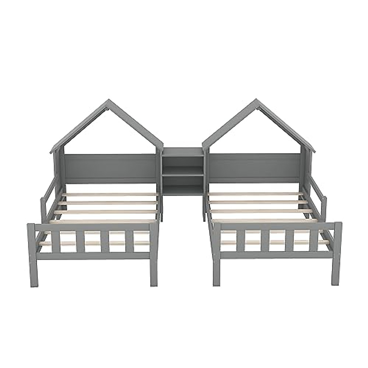Twin Size Double Shared Platform Bed 2-In-1 Panel Bed w/House Shape Headboard & Footboard for Teen,Rustic Country Wooden Bedframe Mattress Foundation w/Built-in Nightstand & Slats for Boy Girl (Grey)