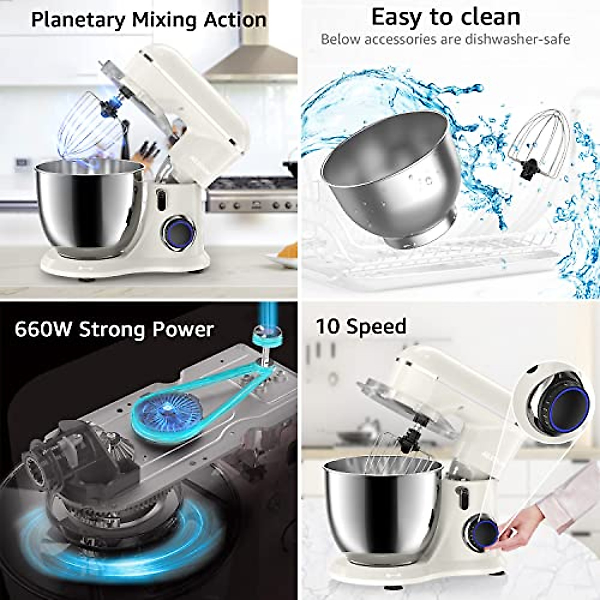 AILESSOM 3-IN-1 Electric Stand Mixer, 660W 10-Speed With Pulse Button, Attachments include 6.5QT Bowl, Dough Hook, Beater, Whisk for Most Home Cooks, Almond Cream