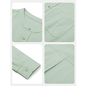 TUREFACE Long Sleeve Button Down Light Green Casual Shirts for Men Dress Cotton Banded Collar Shirt(Light Green,L)