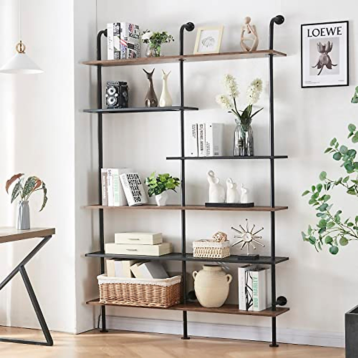 HOMISSUE Industrial Bookshelf 6-Tier Open Wall Mount Ladder Bookshelf, Modern Bookcase with Metal Frame and Wood for Home Office, Wall Mounted Industrial Iron Pipe Shelf, Brown