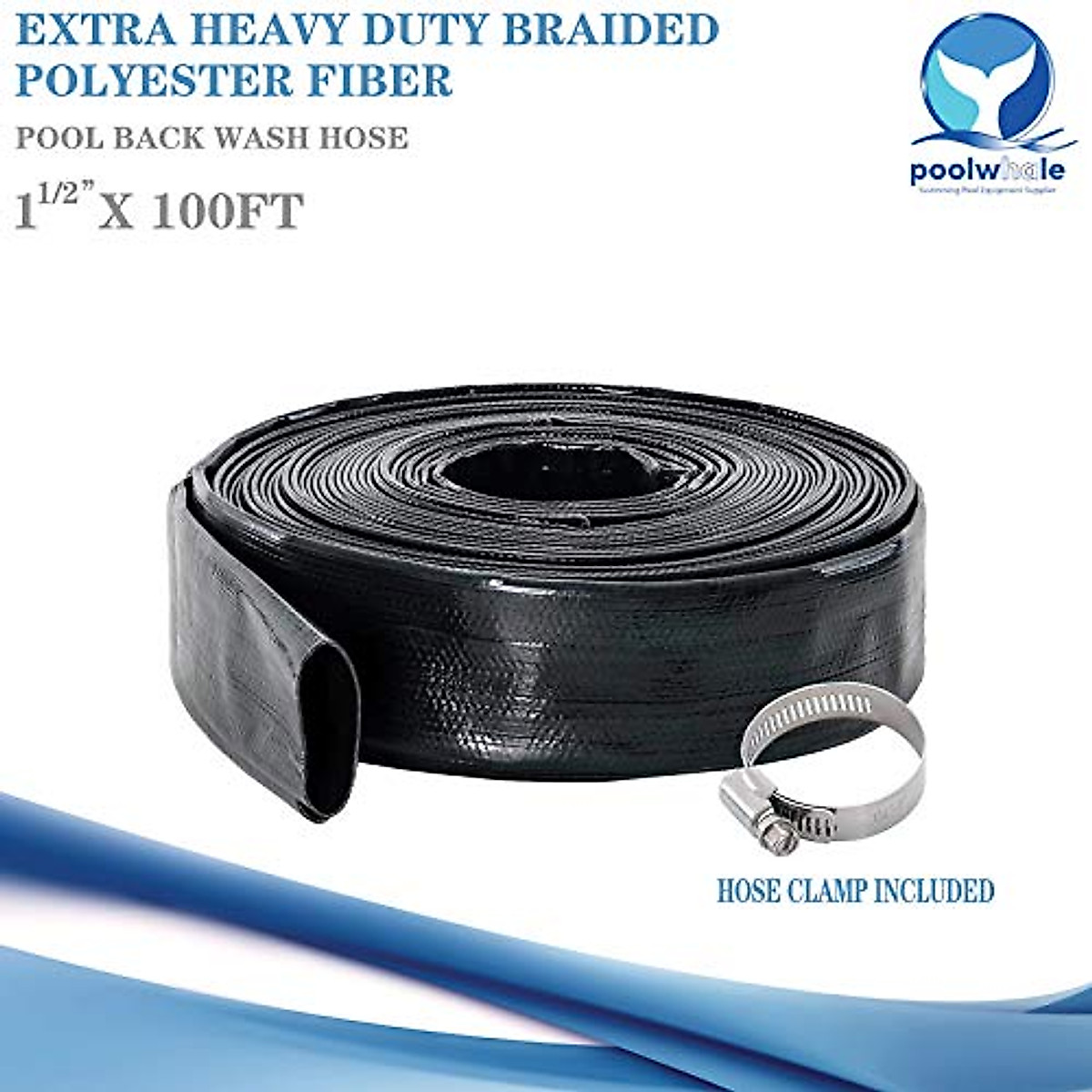 POOLWHALE Heavy Duty 1-1/2" x 100' Thick 1.2mm Black Backwash Pool Hose with Clamp - Flat Water Discharge Hose - Chemical and Weather Resistant - Drain Clean Swimming Pools & Filters