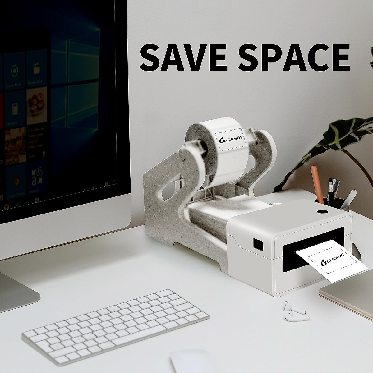 Guermok Thermal Shipping Label Holder for Rolls & Fan-Fold, Fragile Stickers for Shipping, Label Stand Desktop Printer Holder-Home Office Accessory- Sticker Dispenser for Holographic Vinyl