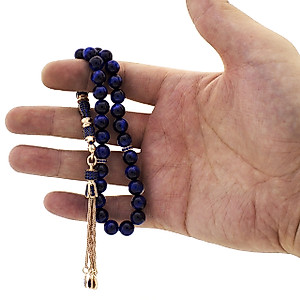 Solid 925 Sterling Silver Tassel Blue Tiger's Eye Stones Islamic 33 Prayer Beads Tasbeeh Misbaha