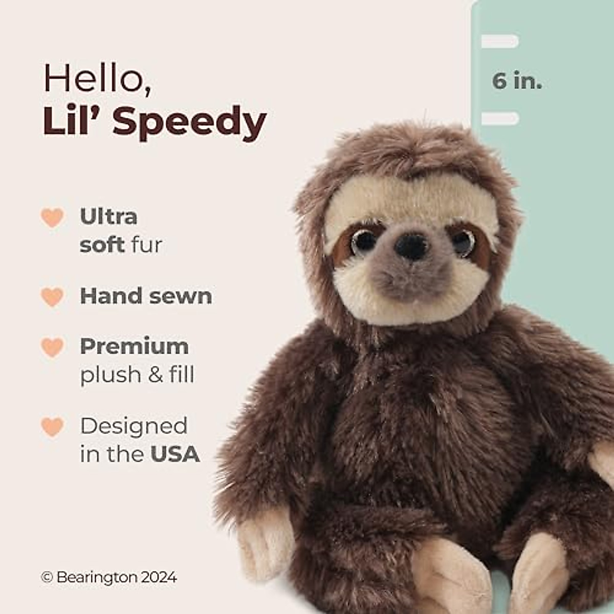 Bearington Lil' Speedy Small Plush Stuffed Animal Three Toed Sloth, 6.5 inches