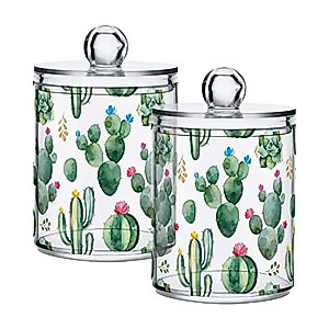 BOENLE 2 Pack Qtip Holder Dispenser Green Cactus Succulents Flowers Storage Canister Bathroom Apothecary Jars Acrylic Plastic Vanity Organizer Lid for Cotton Swab/Ball/Pad