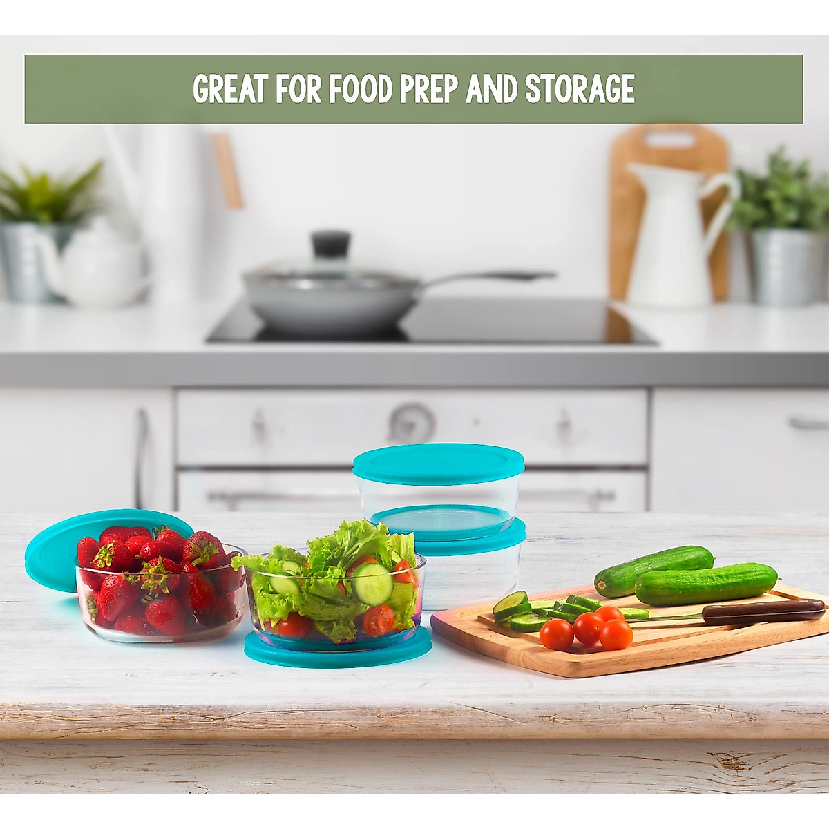 BOVADO USA 4 Cup Glass Food Storage Containers (4 Pack) | Nonpourous Dishwasher, Freezer & Oven Safe Glass, Easy-Clean | Teal Lids