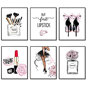 HoozGee Fashion Wall Art Prints Set of 6 Pink Room Decor Makeup Art Pictures Wall Decor Canvas Prints Art Posters Perfume Lipstick Artwork Girls Room Decor for Bedroom (8"x10" UNFRAMED)