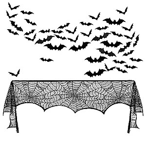 Surfapans Halloween Mantle Scarf Decor Black Lace Fireplace Mantel Cover Garland Spiderweb Scarves 60 Pcs 3D Bats Wall Stickers for Festive Party Indoor Decor 18 x 98 inch