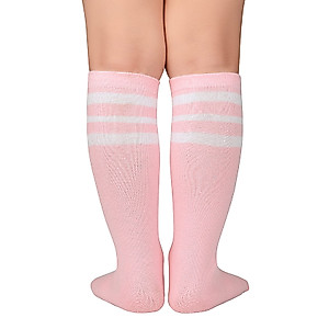 Durio Kids Soccer Socks Cotton Sports Socks Knee High Tube Socks for Boys and Girls Pink w White