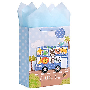 LeZakaa 16" Large Gift Bag with Tissue Paper,Hello Baby Gift Tag and Greeting Card, Purple Gift Bag with Sleeping Elephant Design for Baby Shower