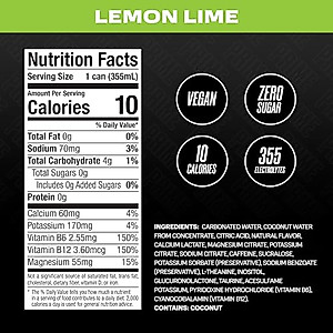 PRIME Energy LEMON LIME | Zero Sugar Energy Drink | Preworkout Energy | 200mg Caffeine with 355mg of Electrolytes and Coconut Water for Hydration| Vegan | Gluten Free |12 Fluid Ounce | 24 Pack