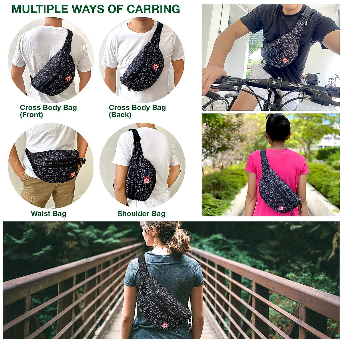 FLOCK THREE Fanny Pack Waterproof Waist Bags Mens Shoulder Bag Women's Sling Purses Travel Backpack Casual Bum Bag Women Small Size Crossbody Sling Bag For Dog Lover Hiking Bicycle Men Chest Daypacks