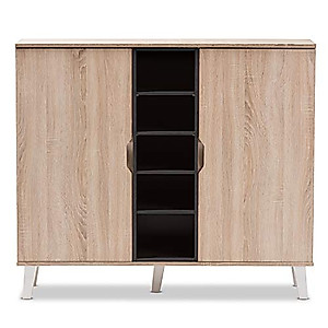 Baxton Studio Adelina Mid-Century Modern 2-Door Oak and Grey Wood Shoe Cabinet Mid-Century/Light Brown/Gray/Particle Board/MDF with PU Paper/