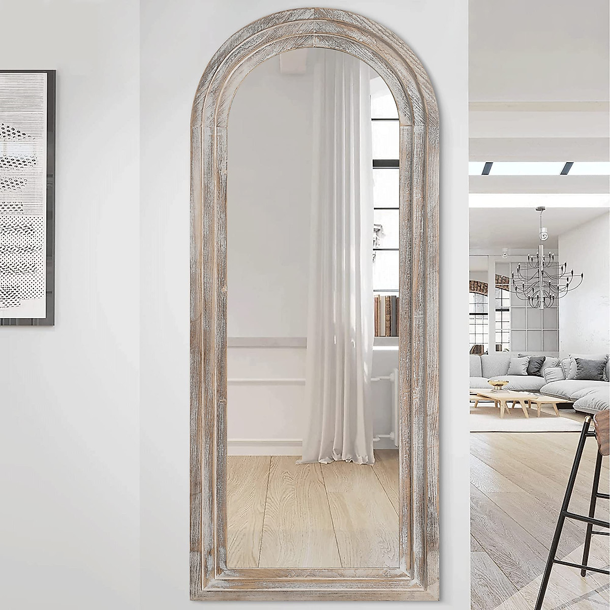NeuType Arched Full Length Mirror 65"x22" Floor Mirror Rustic Wood Frame Rectangular Full Body Mirror Standing Mirror Wall-Mounted Freeleaning for Bathroom Bedroom Living Room,Weathered White