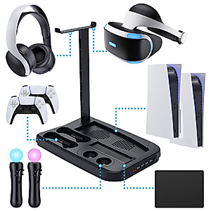 Charging Display Stand Compatible with PS5 VR, Vertical Stand with Cooling Fan Compatible with PS5 DE/UHD Storage Bracket Charger Station Compatible with PS5/PS5 VR Move Controller with 4 USB Hub